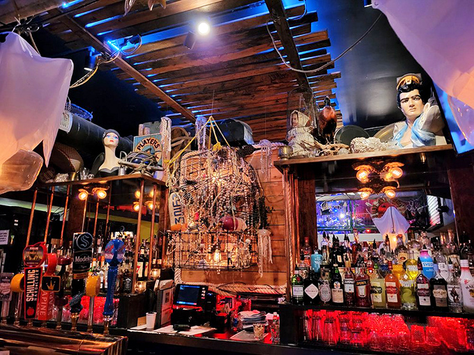 Behind this bar lurks enough spirits to satisfy Davy Jones himself, watched over by nautical knickknacks collected from seven imaginary seas.