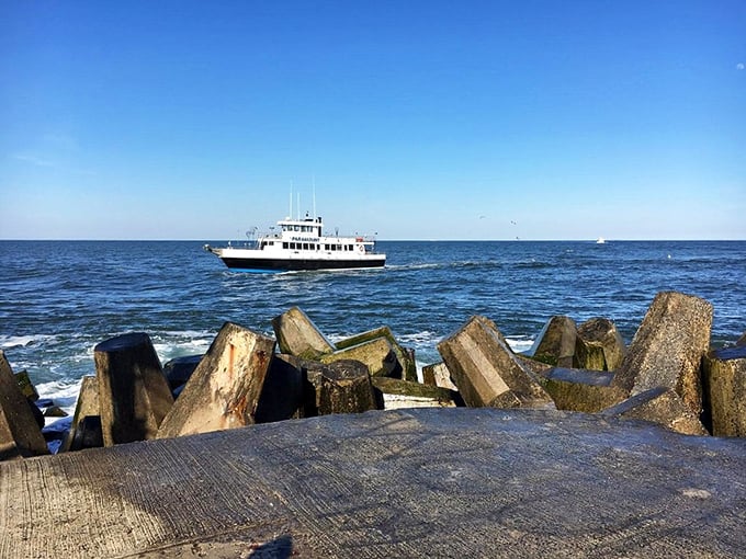 Fishing boats navigate familiar waters under cloudless skies, delivering tomorrow's catch to local restaurants. From ocean to table in mere hours.
