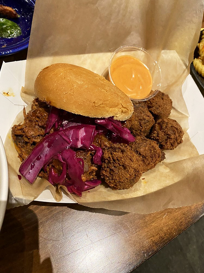 A sandwich that makes you question everything you thought you knew about BBQ&mdash;tangy, savory, and completely meat-free.