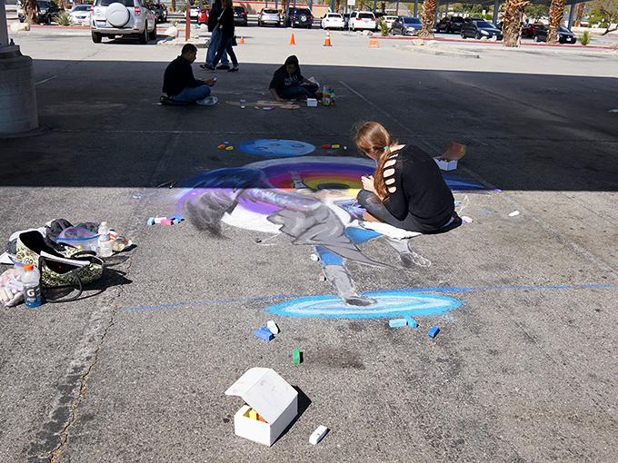 Street art comes alive during Palm Springs festivals. Temporary masterpieces appear on pavement, proving creativity thrives in desert soil.