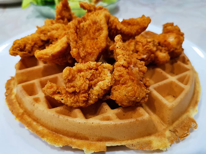 The ultimate comfort food power couple&mdash;golden fried chicken perched atop a perfectly cooked waffle. It's breakfast and dinner eloping and living happily ever after.