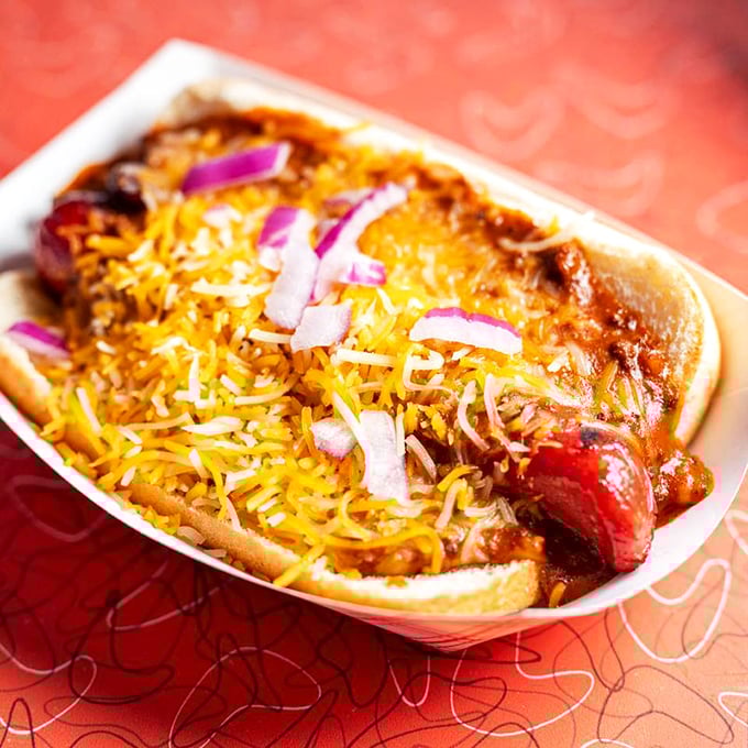 This chili dog means business, topped with molten cheese and diced onions&mdash;a beautiful mess that requires multiple napkins and zero regrets.