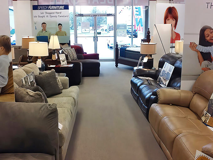 Couches arranged like old friends at a reunion, each with its own personality but all welcoming you to sit and stay awhile.