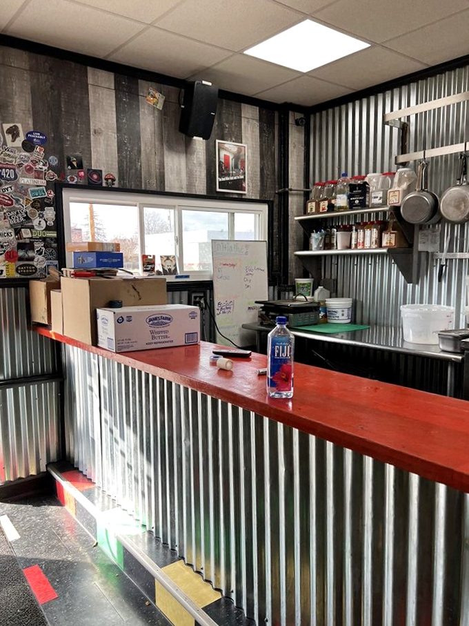 The counter area &ndash; where industrial meets island vibes &ndash; is like the mullet of restaurant design: business up front, party in the back.