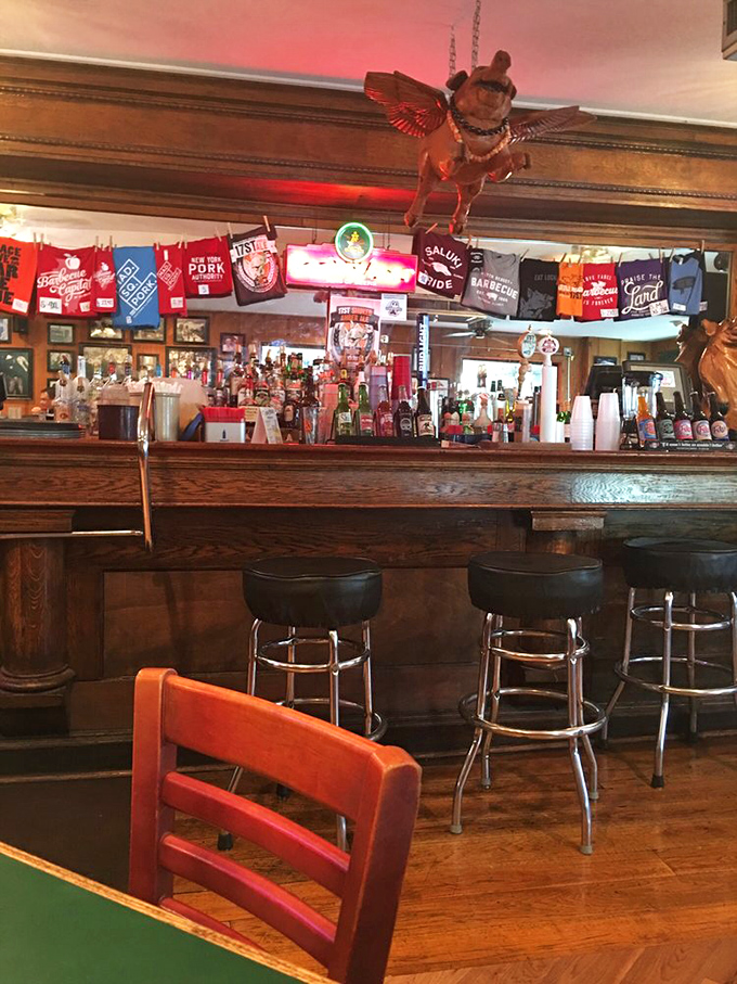 The bar area, where the flying pig decor reminds you that in the right smoker, pigs really can soar to heavenly heights.