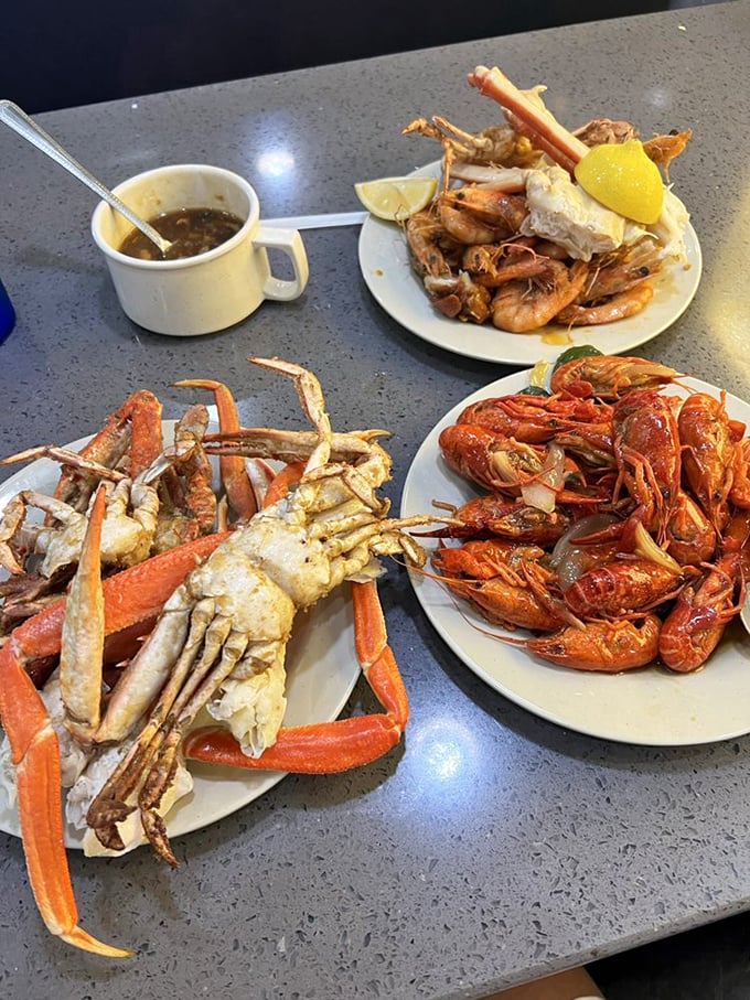 The seafood motherlode&mdash;crab legs splayed like trophies next to spicy crawfish and plump shrimp, a trio that transforms ordinary diners into maritime treasure hunters.