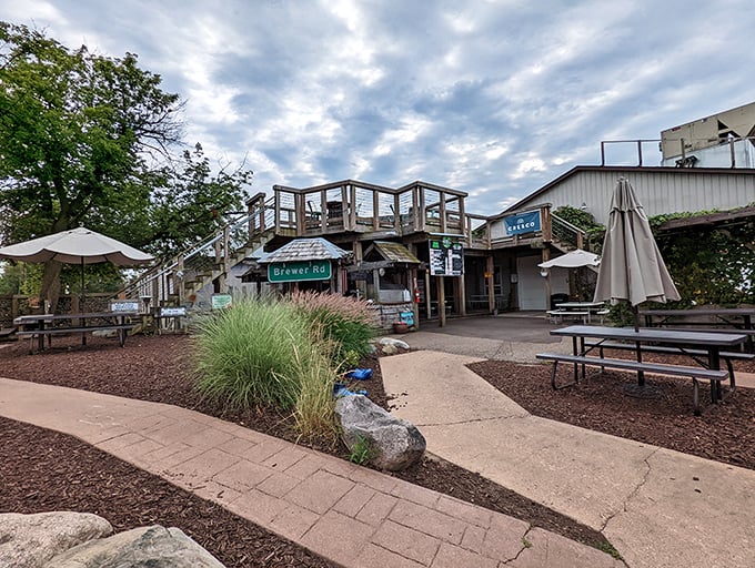 Dark Horse Brewing Company's outdoor space looks like what would happen if your coolest friend designed a backyard hangout spot.