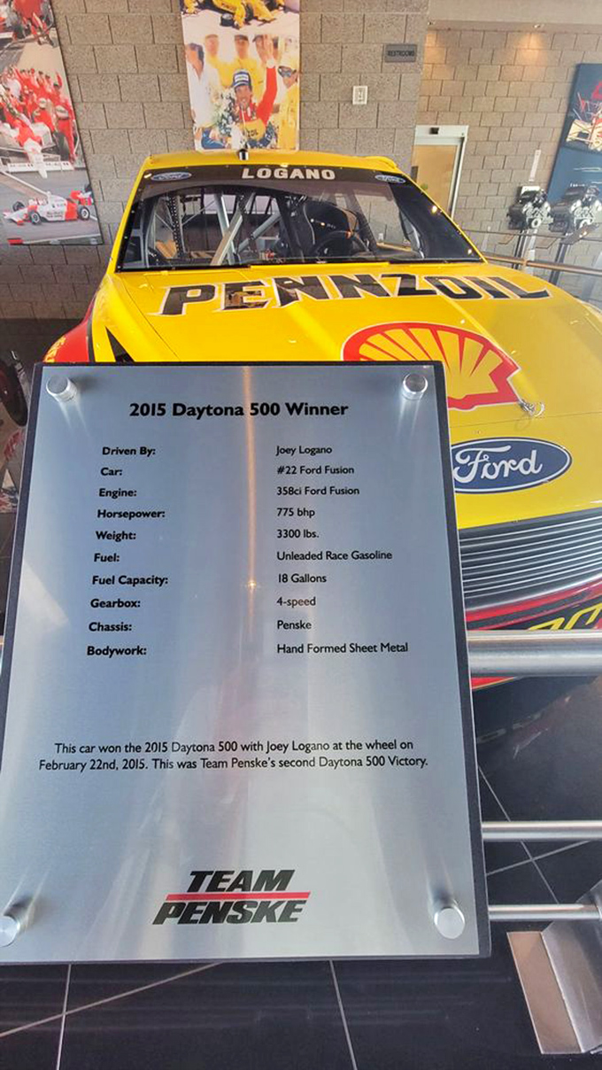 The 2015 Daytona 500 winner sits proudly with its detailed specs. Joey Logano's chariot to victory looks fast even when perfectly still.