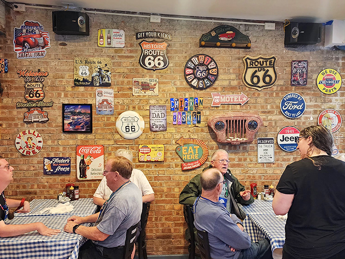 The wall of Route 66 memorabilia tells more stories than a history book, creating the perfect backdrop for making memories of your own.