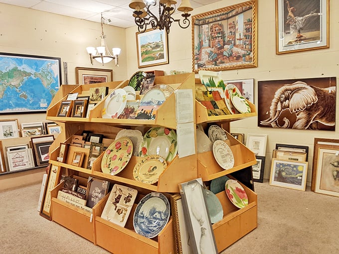 An art lover's dream display of framed treasures and decorative plates. This rotating gallery offers more variety than some small-town museums.