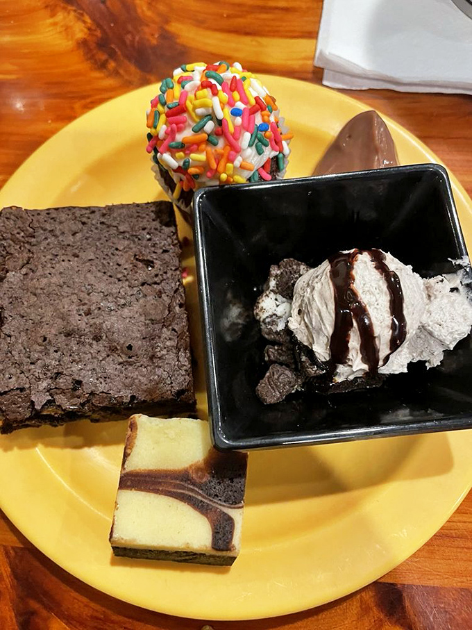 Dessert strategy 101: A brownie, ice cream, and something colorful &ndash; because after 150 feet of food, you still need a sweet finale.
