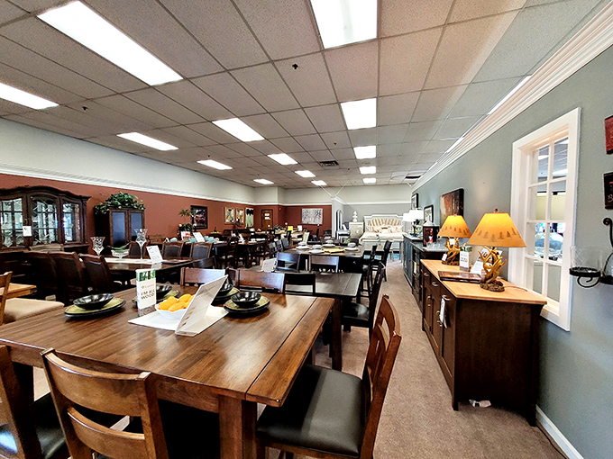 Dining tables set and ready, silently promising future dinner parties where nobody mentions politics and everyone loves your cooking.