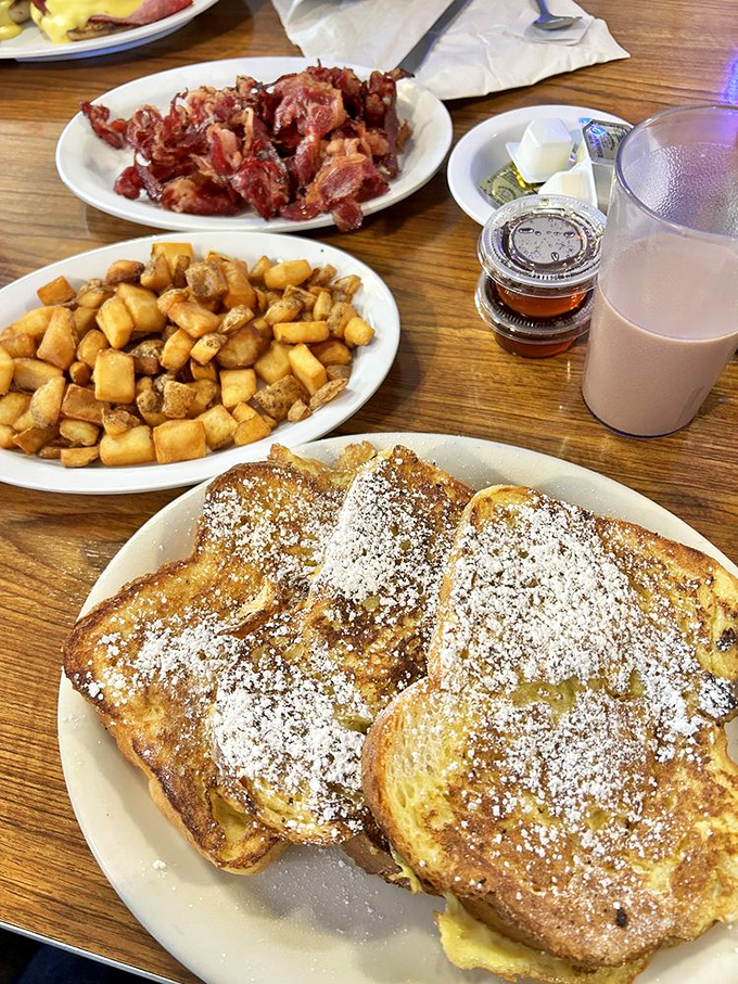 French toast that makes you question why you ever bothered with pancakes. Add crispy bacon and home fries for the breakfast trifecta.