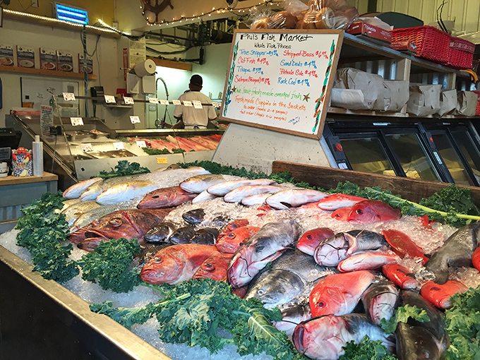 The fish market display: where today's catch becomes tonight's dinner. This isn't grocery store seafood&mdash;this is the real, glistening deal.