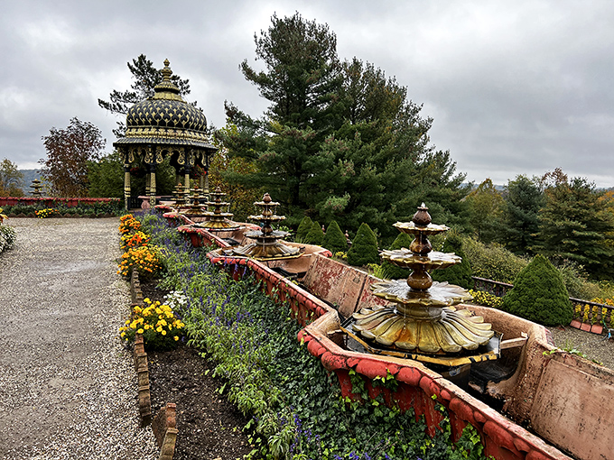 Fountains and flowers create a garden oasis that feels worlds away from Appalachia. Who needs a passport when you have a tank of gas?