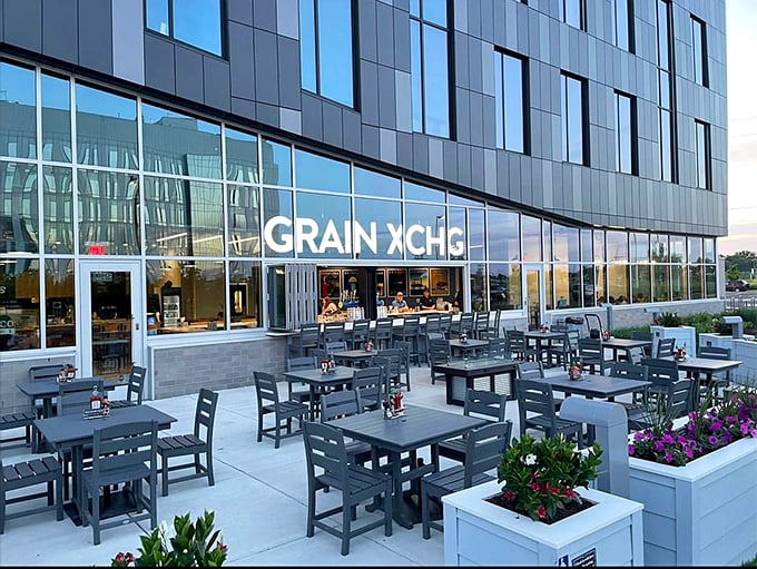 Grain Exchange offers modern dining with outdoor seating perfect for people-watching. Contemporary architecture meets traditional hospitality in this sleek restaurant setting.