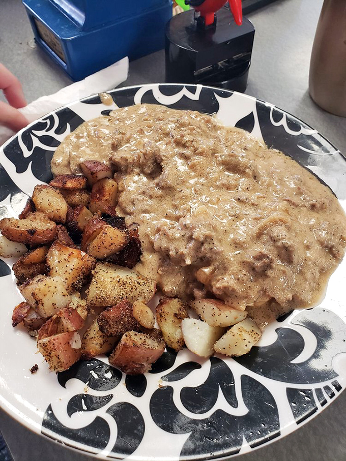 Southern comfort takes a trip to Connecticut in this plate of biscuits and gravy. Those home fries look like they've been crisped by someone who truly understands breakfast.