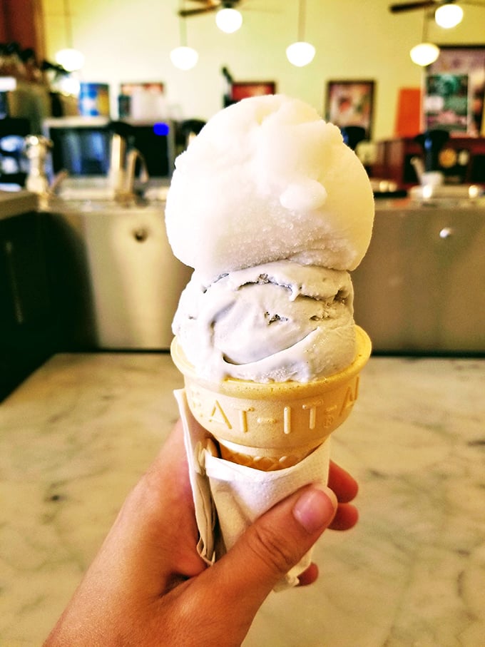 The waffle cone&mdash;nature's perfect ice cream delivery system&mdash;showcasing a scoop that's smoother than a Texas two-step.