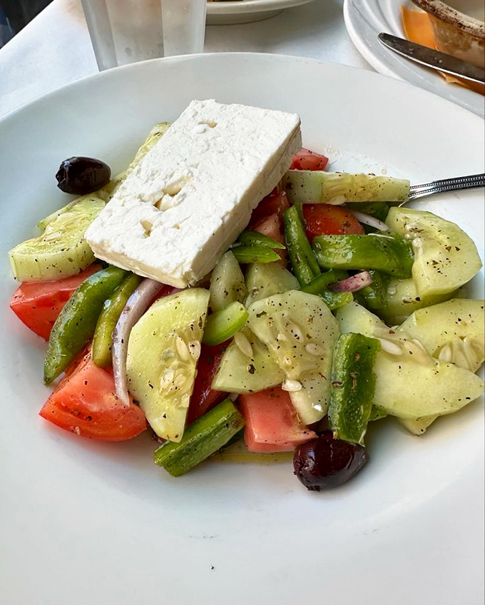 The Greek salad that launched a thousand ships&mdash;chunky vegetables, briny olives, and a slab of feta that means business.