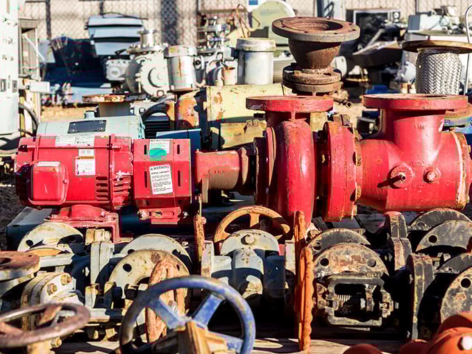 A graveyard of pumps and motors basking in the New Mexico sun, their rust patterns forming abstract art only engineers could fully appreciate.