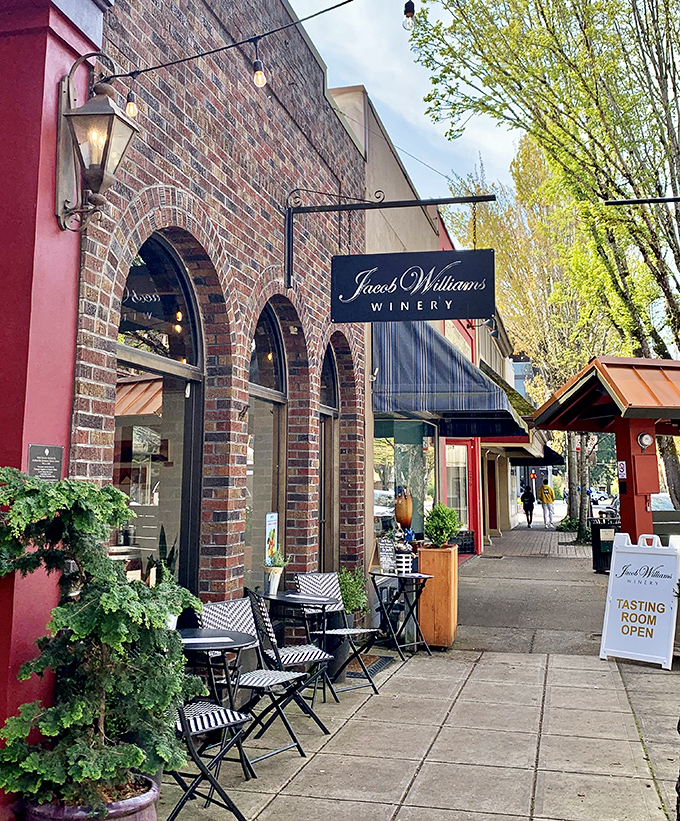 Jacob Williams Winery's brick arches and sidewalk seating invite you to linger over Pinot Noir while watching the world stroll by.