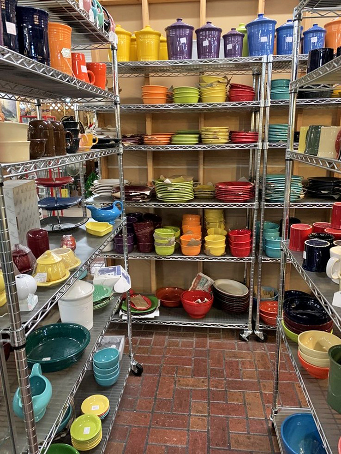 Fiestaware paradise! This rainbow of vintage dishware proves that people in the 1950s understood color theory better than any Instagram influencer.