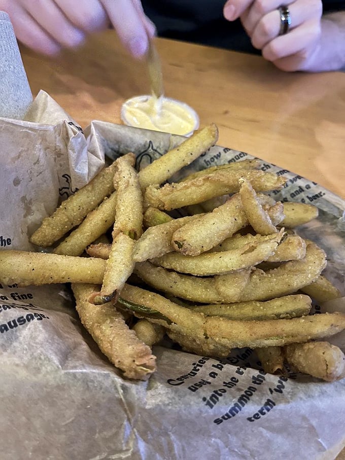 Pickle spears wearing crispy jackets, ready to take a plunge in that creamy sauce. Even vegetables dress up for dinner here.