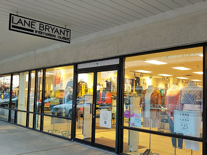 Lane Bryant's welcoming storefront promises fashion finds for every body type. That "Lane Bryant Cash" sign is speaking my language.