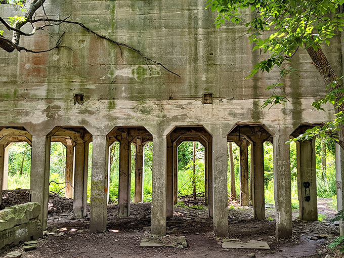 Industrial ruins reclaimed by nature&mdash;concrete poetry telling stories of the island's limestone legacy. History you can touch.