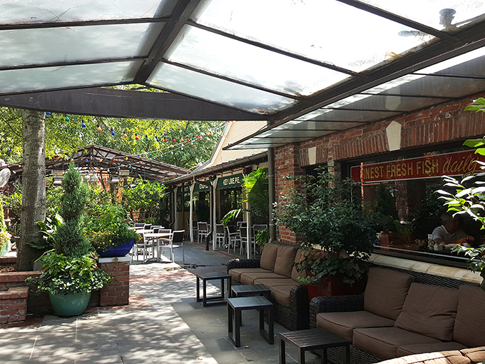 The outdoor patio offers a serene escape from the indoor bustle. Dappled sunlight filters through, creating the perfect alfresco dining atmosphere.