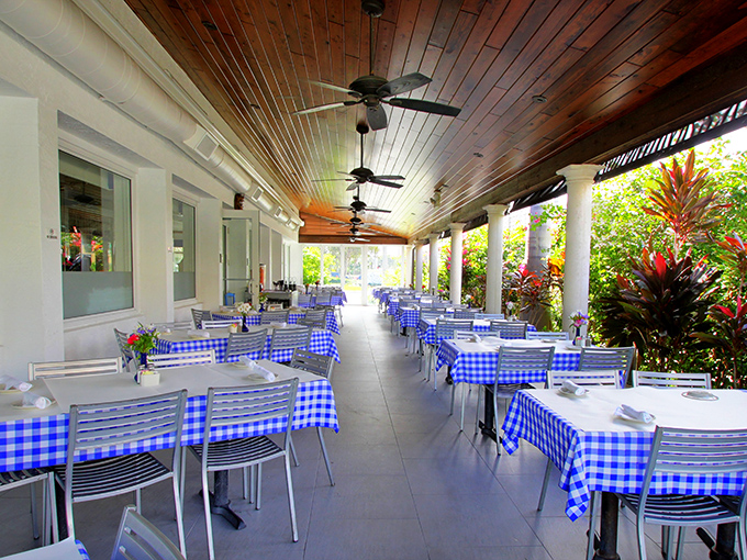 The outdoor patio: Where Florida sunshine meets Greek hospitality. Those blue tablecloths aren't just decor&mdash;they're a state of mind.
