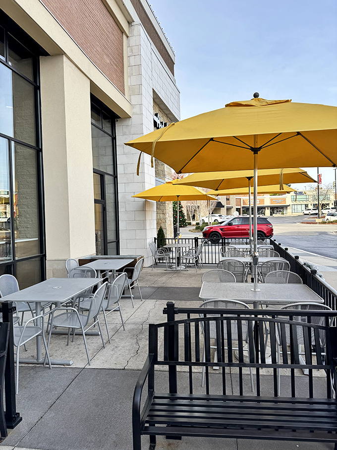 Al fresco dining Kansas-style&mdash;where the yellow umbrellas match the sunshine and breakfast tastes even better with fresh air.