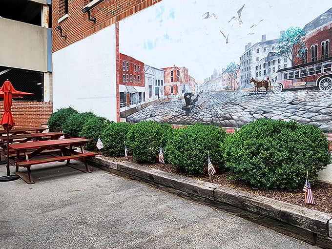 Outside, a mural of historic Portsmouth provides the perfect backdrop for post-burger contemplation and inevitable food coma planning.