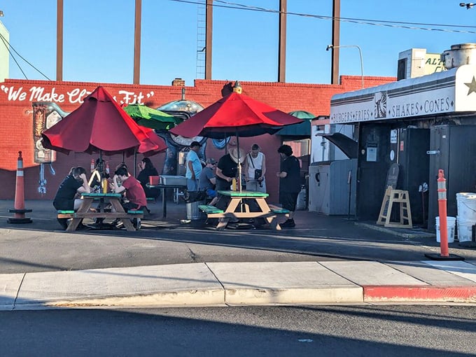 Al fresco burger bliss! Beefy's outdoor seating offers the perfect spot to enjoy Reno's weather alongside your meal.