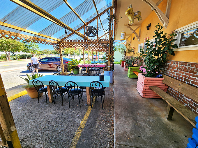 The outdoor seating area offers a breezy alternative for enjoying your chimichanga &ndash; Mississippi sunshine optional, satisfaction guaranteed.