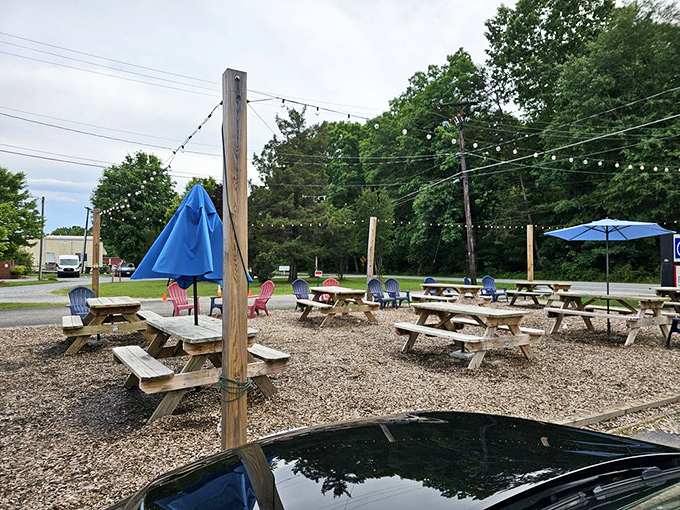 The outdoor seating area, where string lights and picnic tables create the perfect stage for summer nights and melting masterpieces.