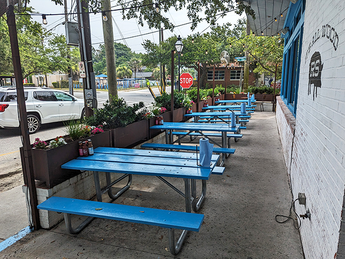 The bright blue picnic tables outside offer fresh air with your feast. Perfect for those "I need to unbutton my pants" moments.