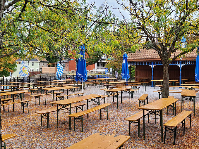 The biergarten in autumn offers a tranquil escape where falling leaves provide nature's confetti for your outdoor dining experience.