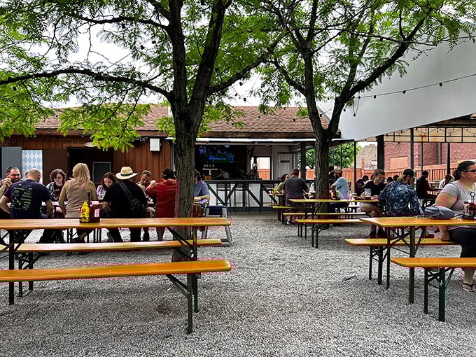 The outdoor biergarten offers fresh air with your fresh beer, proving that vitamin D and vitamin "Bier" make an excellent combination.