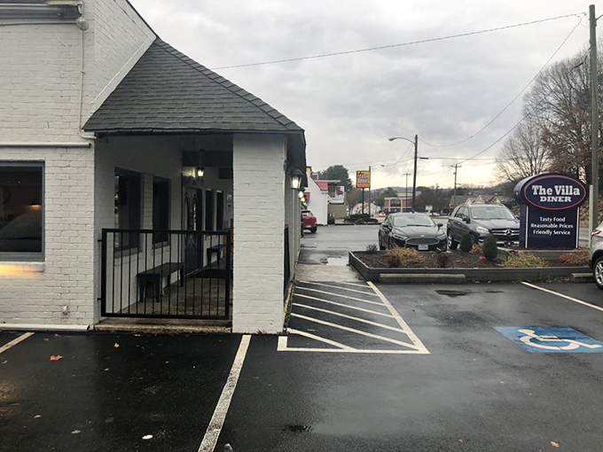 Even on a cloudy day, Villa Diner's entrance beckons with the promise of comfort food that transcends weather conditions and mood fluctuations.