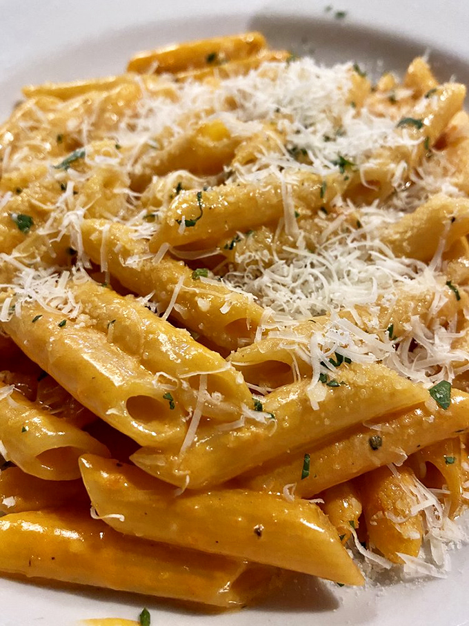 Pink vodka sauce that coats each penne tube like it's been painted by Michelangelo himself. Comfort food that doesn't sacrifice sophistication.