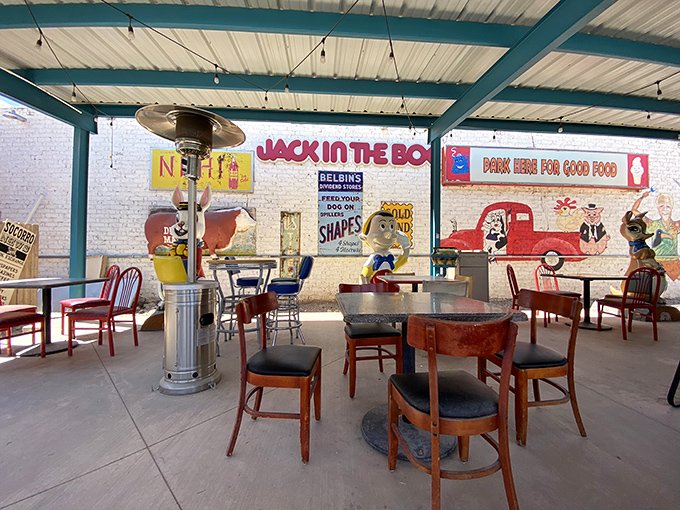 The outdoor patio offers a different vibe but the same quirky charm. Vintage signs and character figures watch over diners enjoying New Mexico's famous sunshine. 