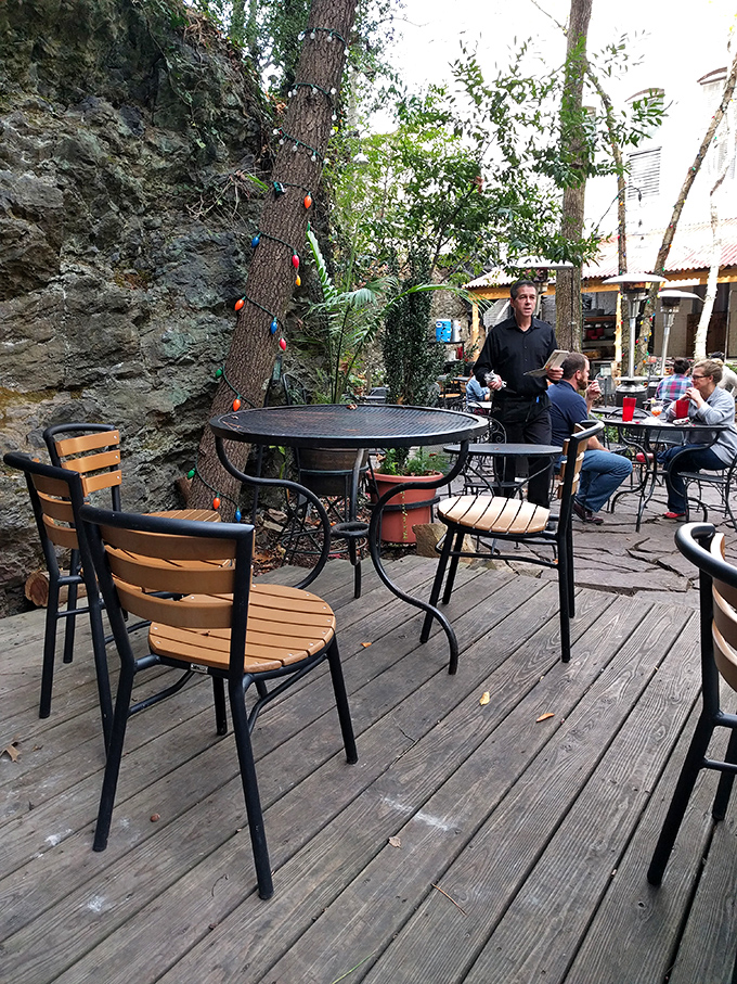 Even the outdoor seating area whispers of relaxation&mdash;a secret garden where post-pancake contemplation happens under the Arkansas sky.