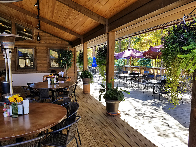 The outdoor patio offers dappled sunlight filtering through greenery—nature's perfect setting for contemplating the deeper meanings of smoked meat and cold beverages.