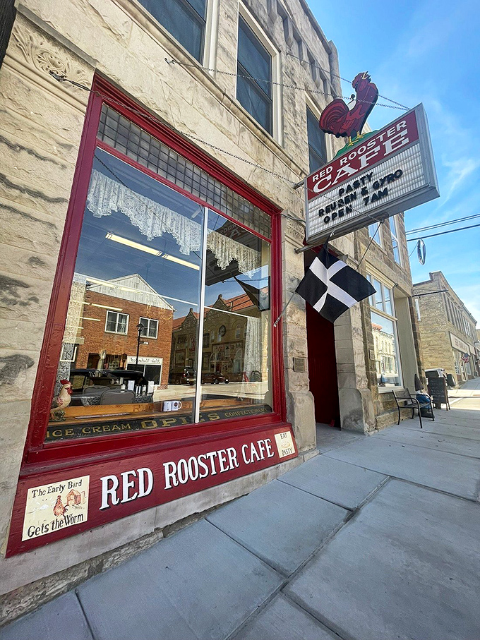 The Red Rooster Café's vintage sign and Cornish flag hint at what's inside: comfort food with a heritage twist. Those cinnamon rolls are worth setting your alarm for.