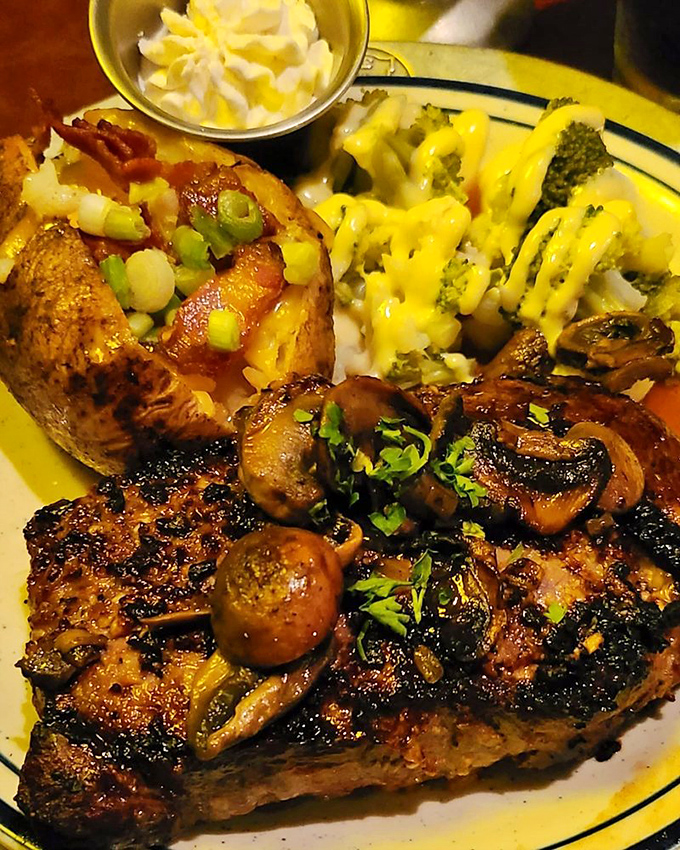 This steak isn't just cooked—it's been knighted. Sir Ribeye comes with mushrooms, a loaded potato, and vegetables worthy of the royal table.