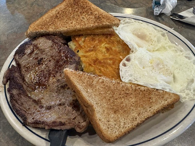 The ribeye breakfast special &ndash; where steak for breakfast isn't indulgence, it's just Tuesday in the Midwest, complete with eggs and hash browns.
