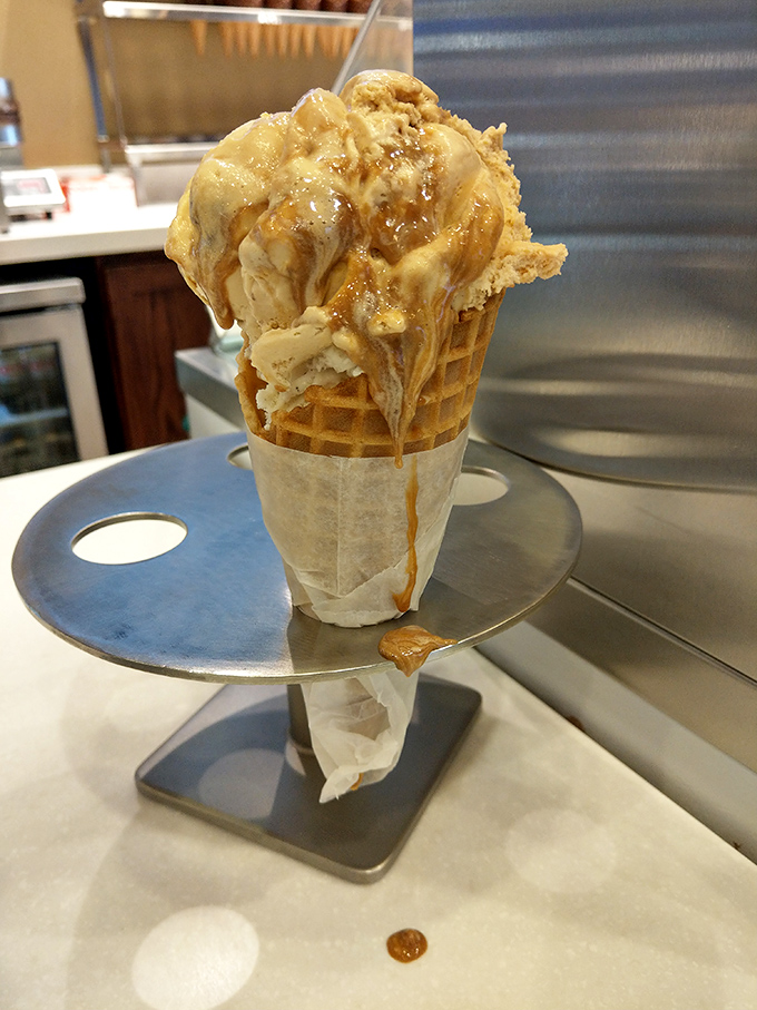 Caramel cascading down vanilla ice cream like a sweet waterfall, creating the kind of dessert that demands both a spoon and a moment of silent appreciation.