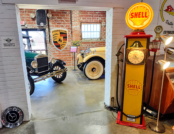 This vintage Shell gas pump isn't just preserved&mdash;it's revered, standing sentinel beside classic cars like an old friend who's seen them at their best.