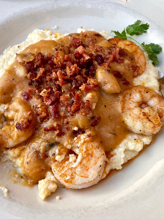 Shrimp and grits with bacon confetti&mdash;Southern comfort food that's dressed up for a night out but hasn't forgotten its roots.